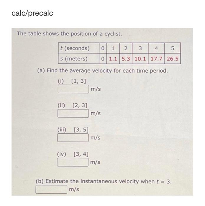 Solved calc/precalc The table shows the position of a | Chegg.com