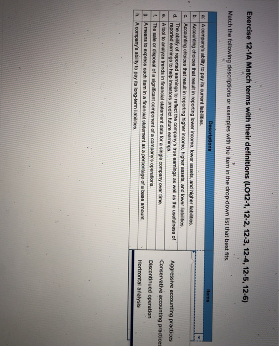 Solved Exercise 12-1A Match terms with their definitions | Chegg.com