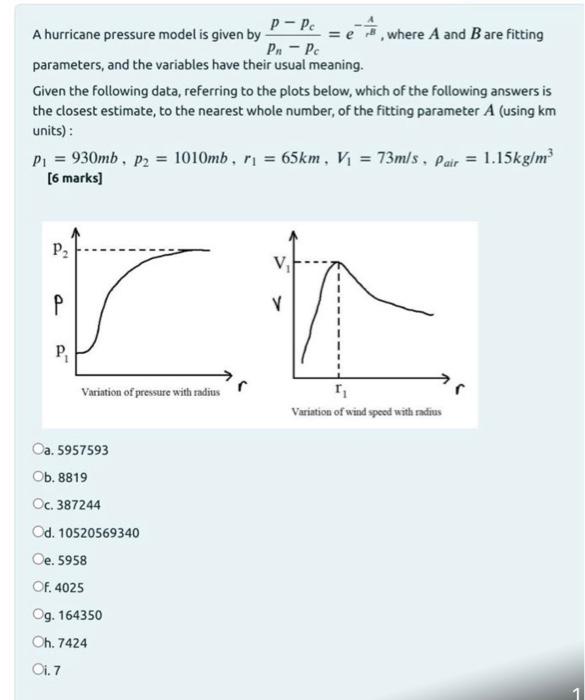 Solved A hurricane pressure model is given by \\( | Chegg.com