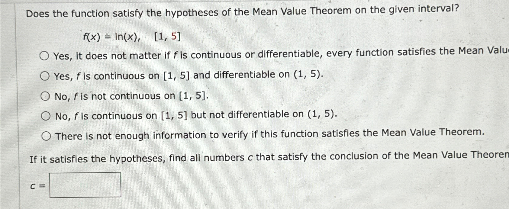 Solved Does the function satisfy the hypotheses of the Mean | Chegg.com