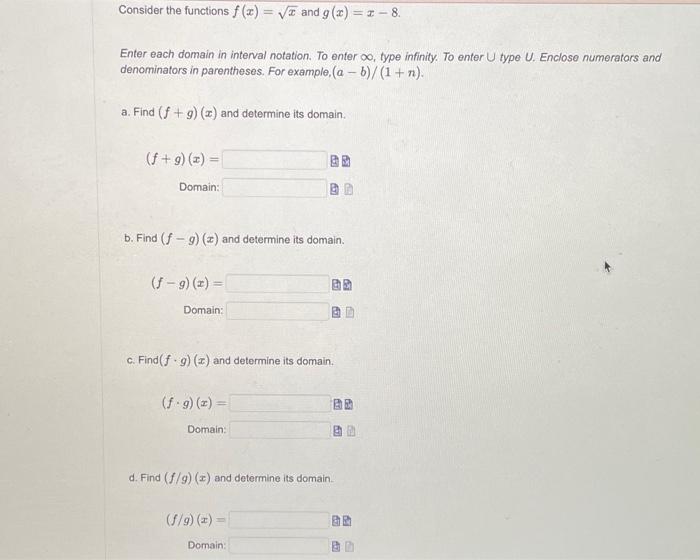 Solved Consider the functions f(x) = √ and g(x) = x - 8. | Chegg.com