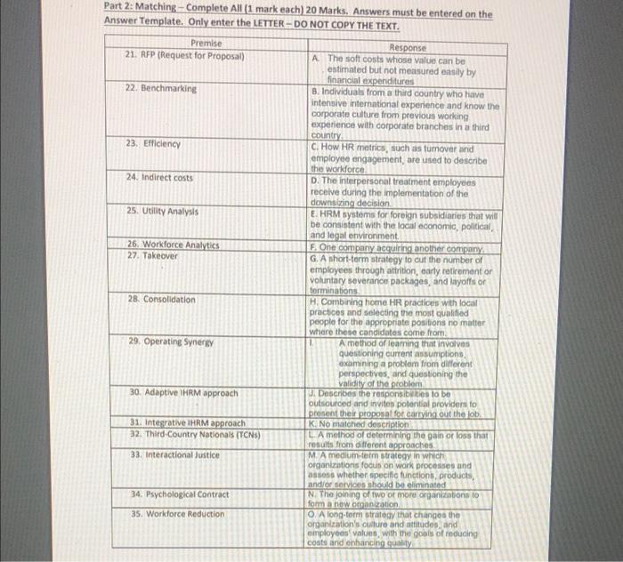 Solved Part 2: Matching - Complete All (1 mark each) 20 | Chegg.com