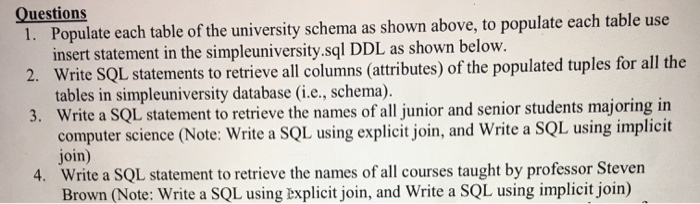 Solved Questions 1. Populate each table of the university | Chegg.com