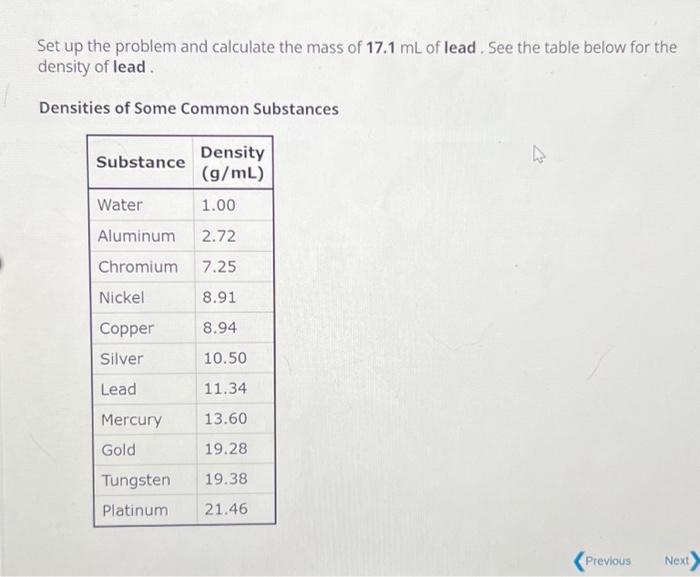 Solved Set up the problem and calculate the mass of 17.1 mL | Chegg.com
