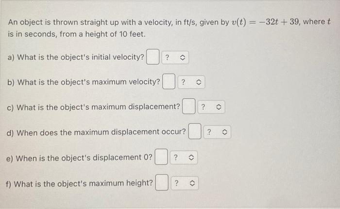 Solved An object is thrown straight up with a velocity, in | Chegg.com