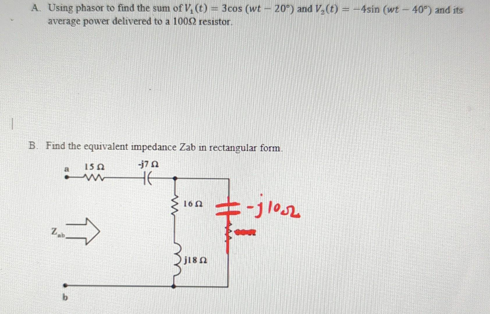 Solved A. Using phasor to find the sum of V1(t)=3cos(wt−20∘) | Chegg.com