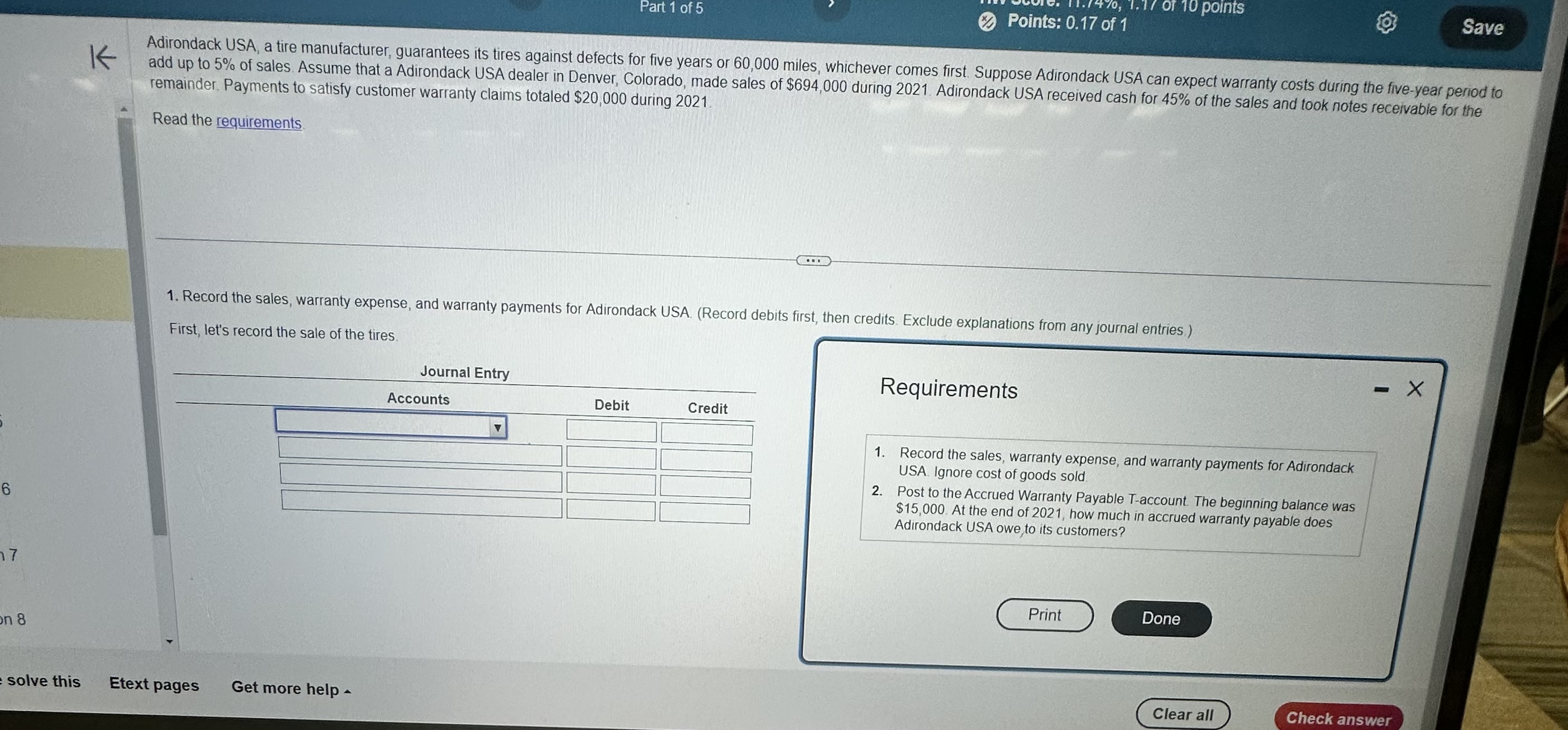 Solved Part 1 ﻿of 5Points: 0.17 ﻿of 1remainder. Payments to | Chegg.com