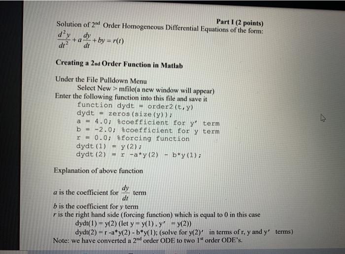 Solved Part I (2 points) Solution of 2nd Order Homogeneous | Chegg.com
