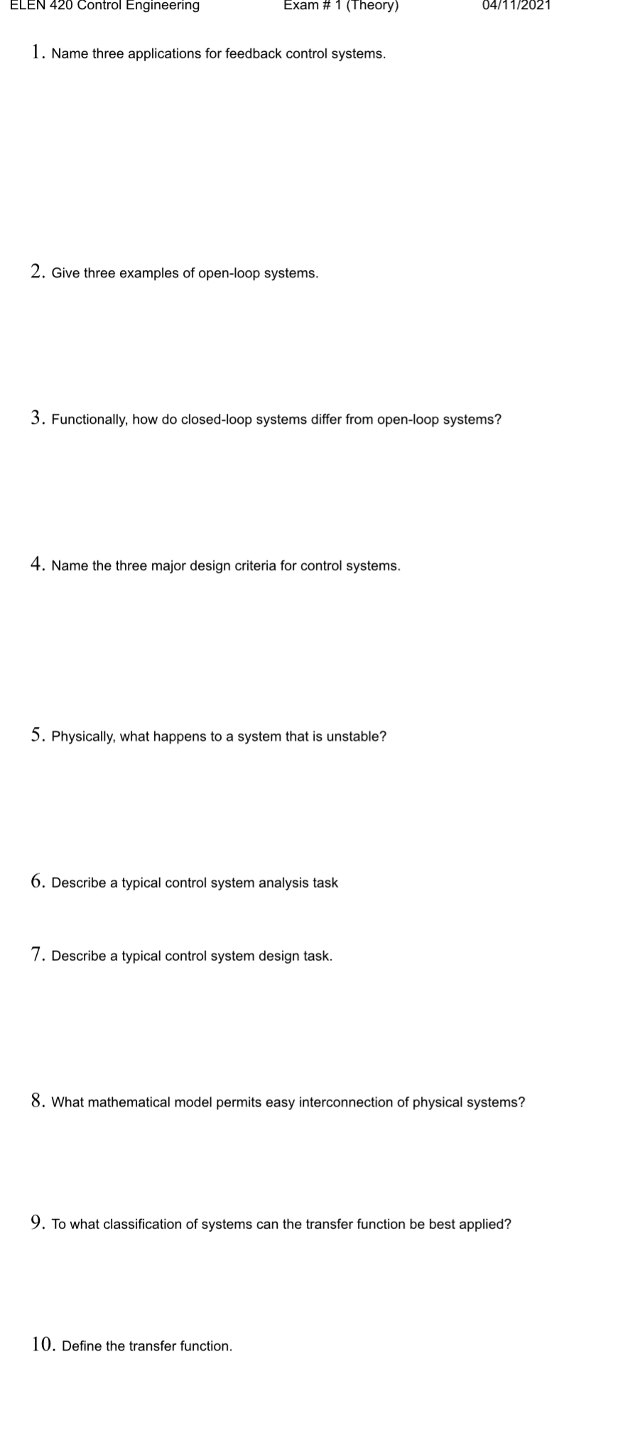 Solved ELEN 420 ﻿Control EngineeringName three applications | Chegg.com