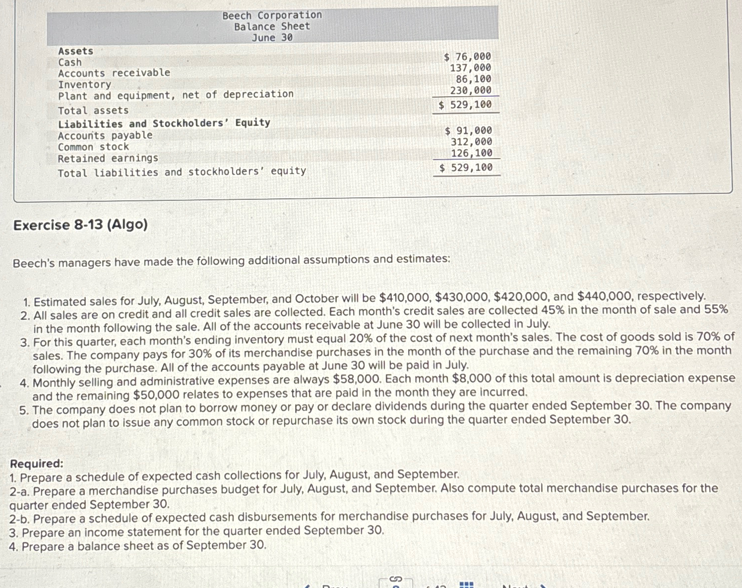 Solved Exercise 8-13 (Algo)Beech's managers have made the | Chegg.com