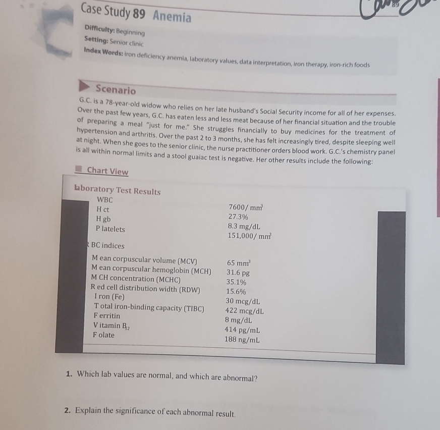 Solved Case Study 89 ﻿AnemiaDifficulty: BeginningSetting: | Chegg.com