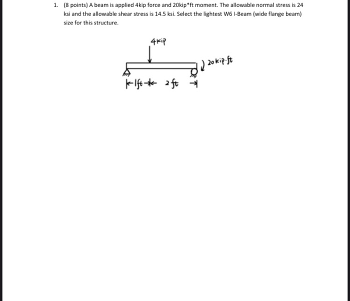 Solved 1. (8 points) A beam is applied 4kip force and | Chegg.com