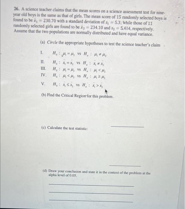 Solved 26. A science teacher claims that the mean scores on | Chegg.com
