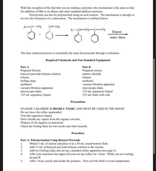 Solved EXPERIMENT XIII - POLYMERIZATION OF POLYSTYRENE The | Chegg.com