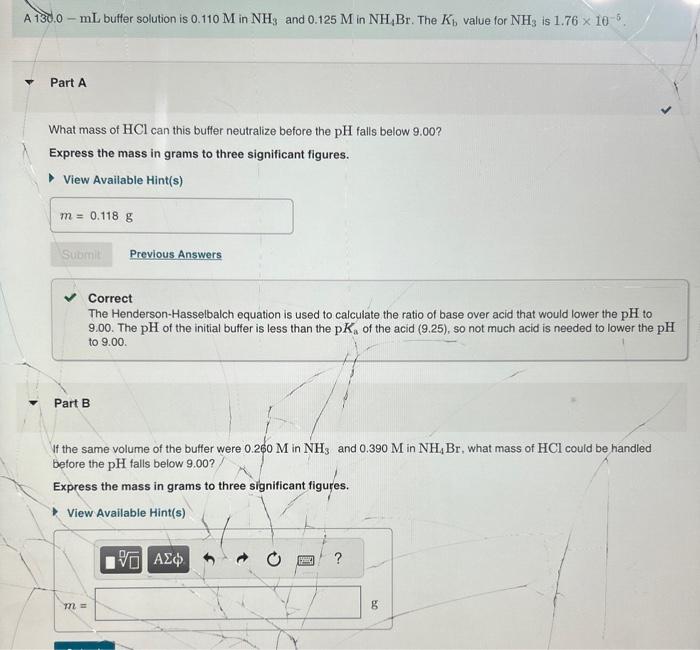 Solved If the same volume of the buffer were 0.260M in NH3 | Chegg.com