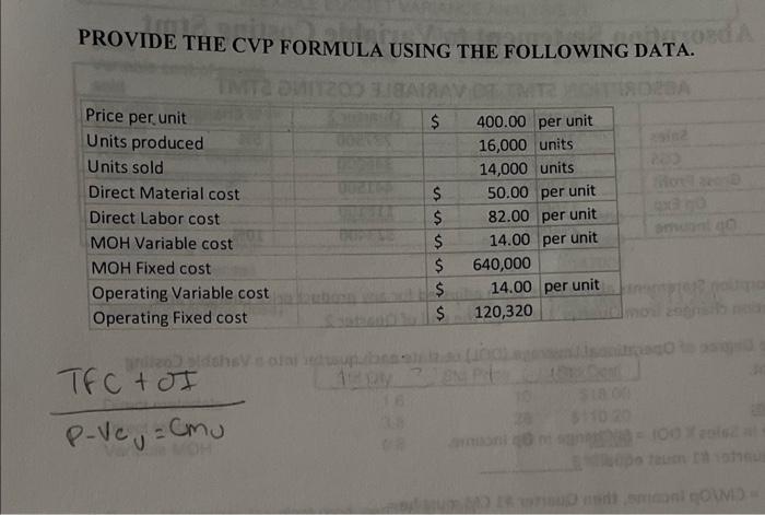 Solved PROVIDE THE CVP FORMULA USING THE FOLLOWING DATA. | Chegg.com