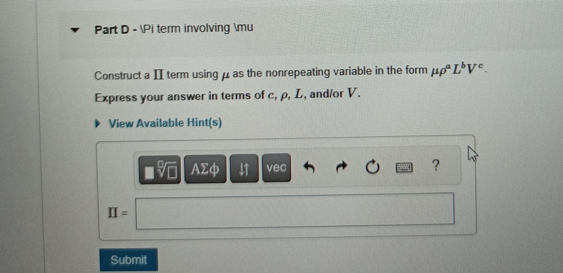 Part D - ﻿IPi term involving ImuConstruct a Π ﻿term | Chegg.com