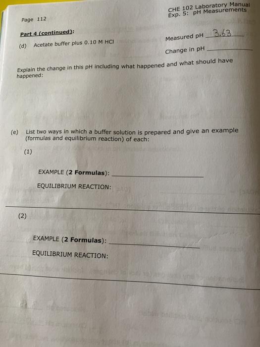 Solved CHE 102 Laboratory Manual Exp. 5: pH Measurements | Chegg.com