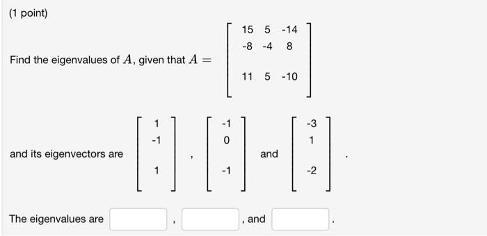 Solved (1 point) Find the eigenvalues of A, given that | Chegg.com