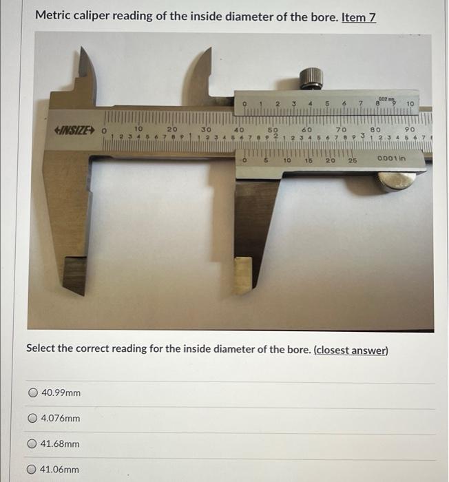 Solved Metric caliper reading of the inside diameter of the | Chegg.com