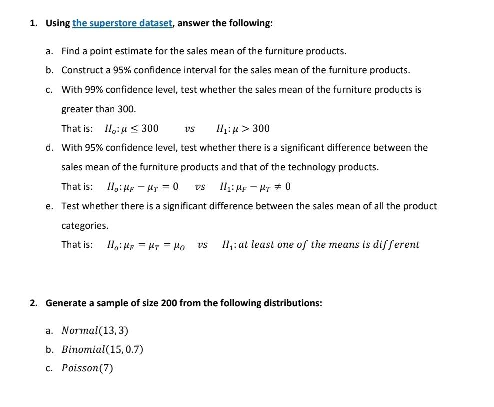 Solved 1. Using the superstore dataset, answer the | Chegg.com