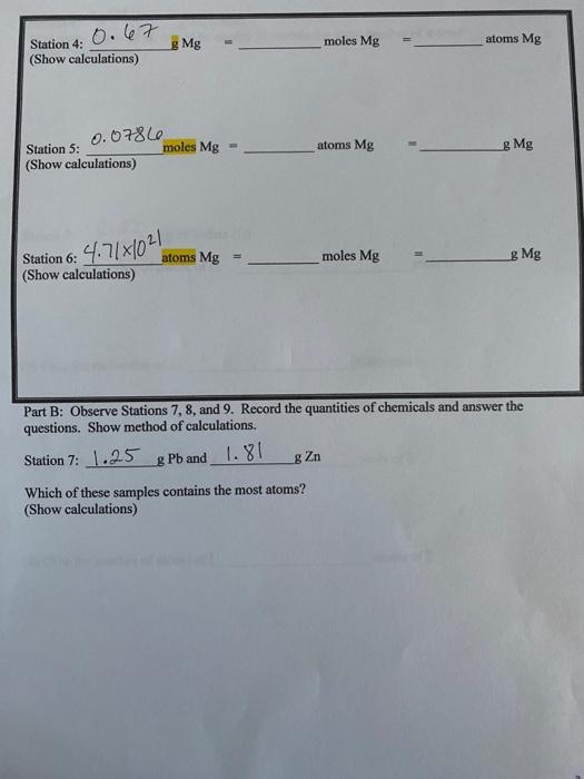 Solved Station 4: gMg= moles Mg atoms Mg (Show calculations) | Chegg.com