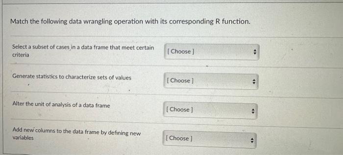 Solved Match the following data wrangling operation with its | Chegg.com