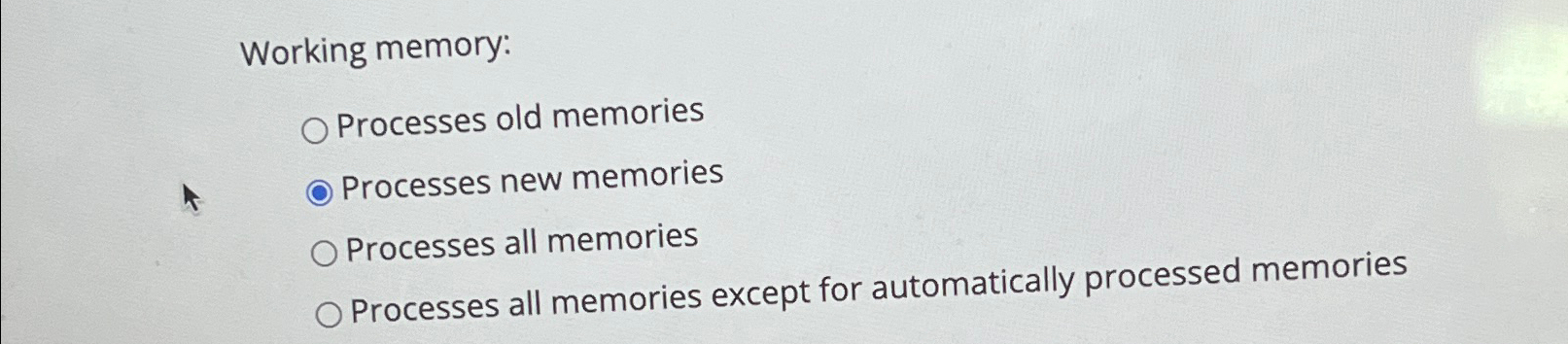 Solved Working memory:Processes old memoriesProcesses new | Chegg.com
