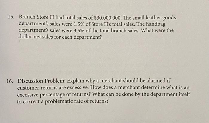 Solved 15. Branch Store H had total sales of $30,000,000. | Chegg.com