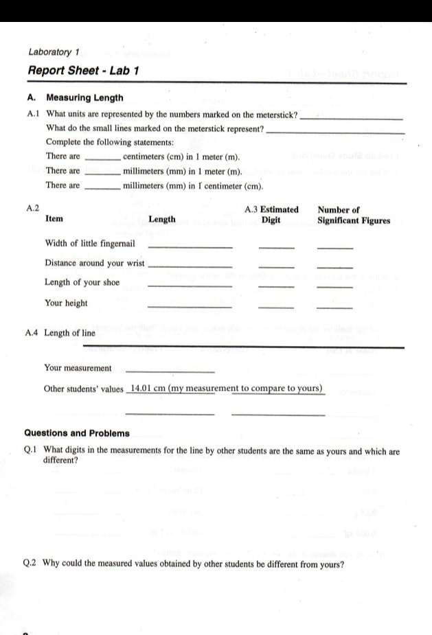 Laboratory 1 Report Sheet - Lab 1 A. Measuring | Chegg.com