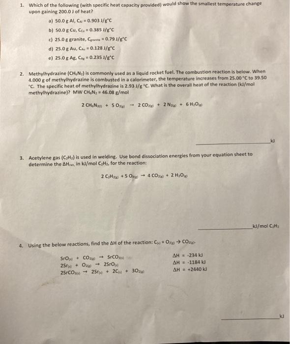 Solved 1. Which of the following (with specific heat | Chegg.com