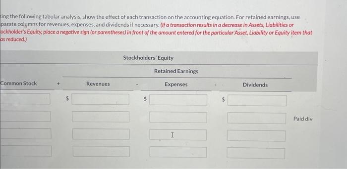 Solved Using the following tabular analysis, show the effect | Chegg.com