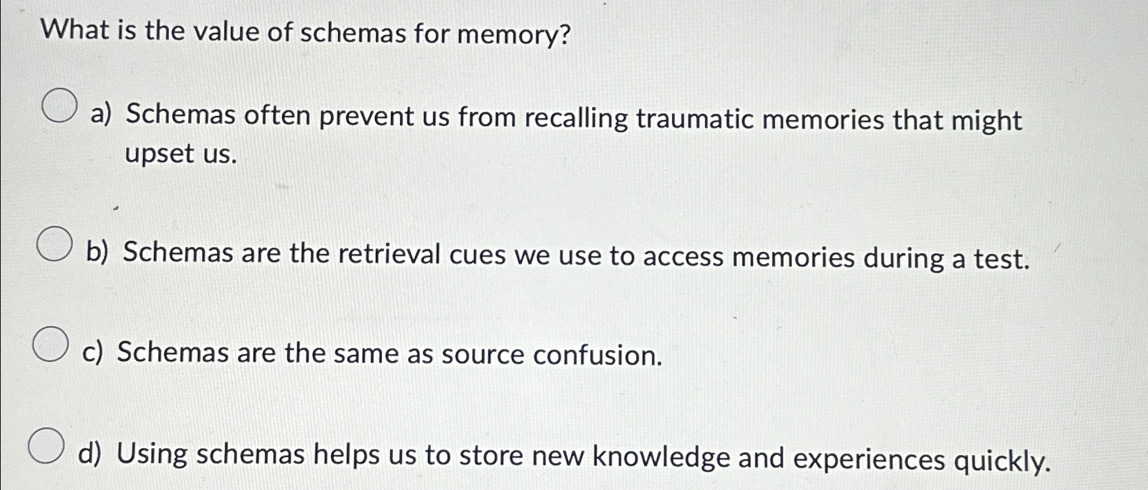 Solved What is the value of schemas for memory?a) ﻿Schemas | Chegg.com