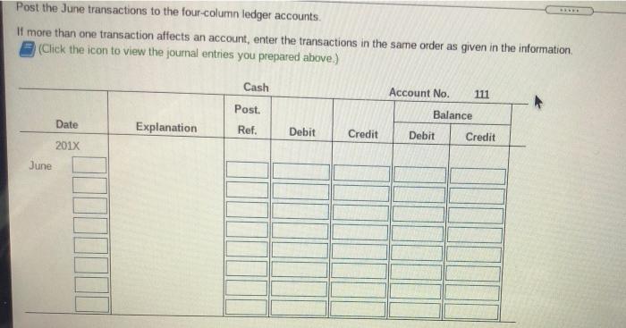 Solved Post the June transactions to the four-column ledger | Chegg.com
