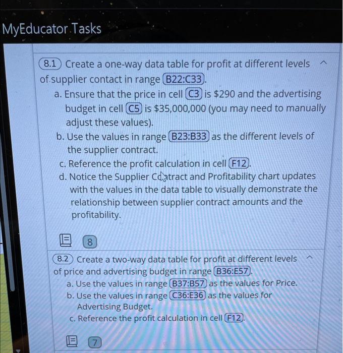 8.1) Create a one-way data table for profit at | Chegg.com