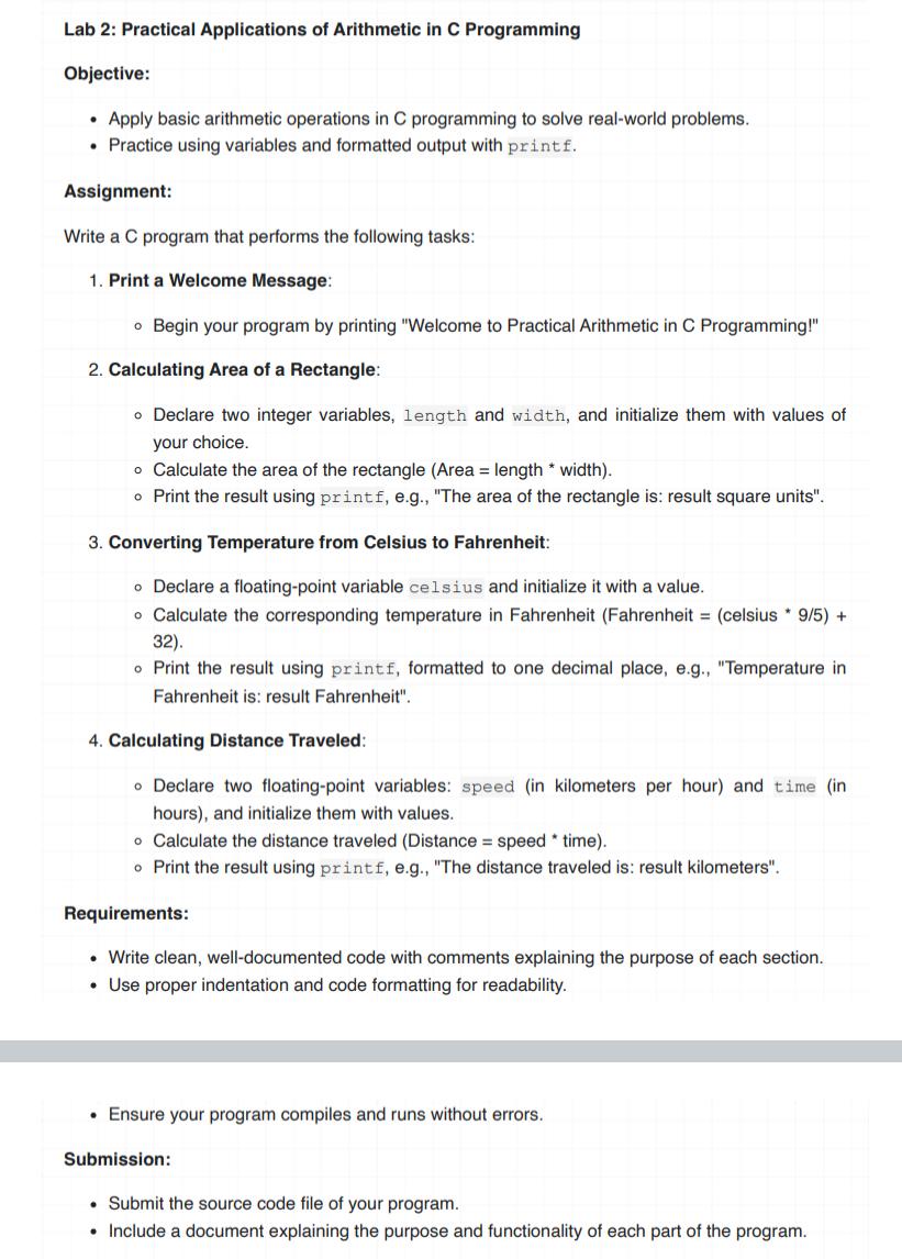 Solved Lab 2: Practical Applications of Arithmetic in C | Chegg.com