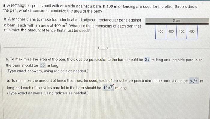 Solved a. A rectangular pen is built with one side against a | Chegg.com