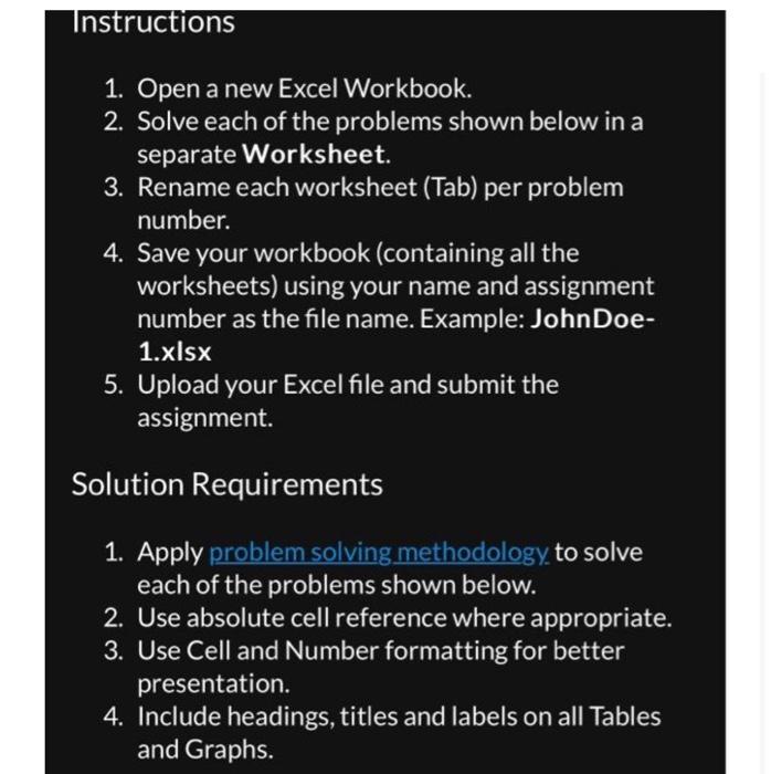Solved Instructions 1. Open a new Excel Workbook. 2. Solve | Chegg.com