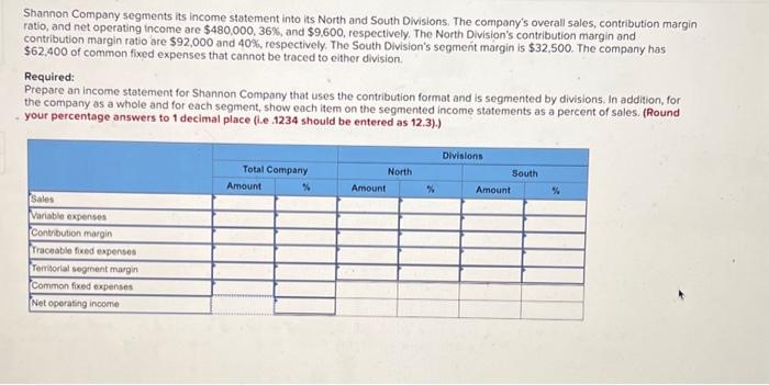 Solved Shannon Company segments its income statement into | Chegg.com