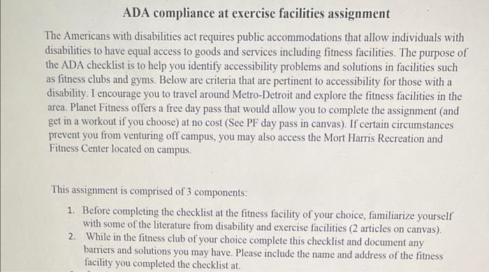 Solved ADA compliance at exercise facilities assignment The | Chegg.com