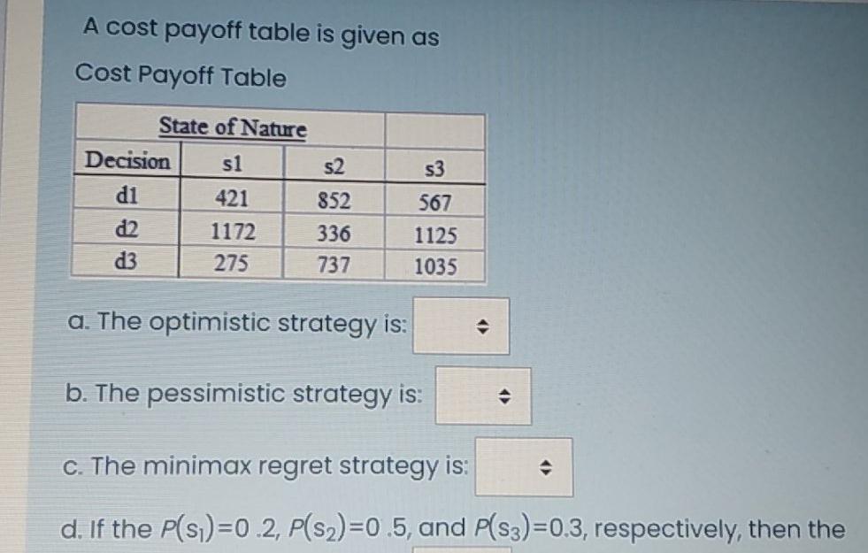 Solved A cost payoff table is given as Cost Payoff Table s3 | Chegg.com