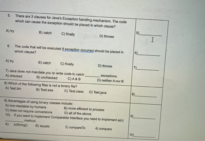 Solved 5. There are 3 clauses for Java's Exception handling | Chegg.com