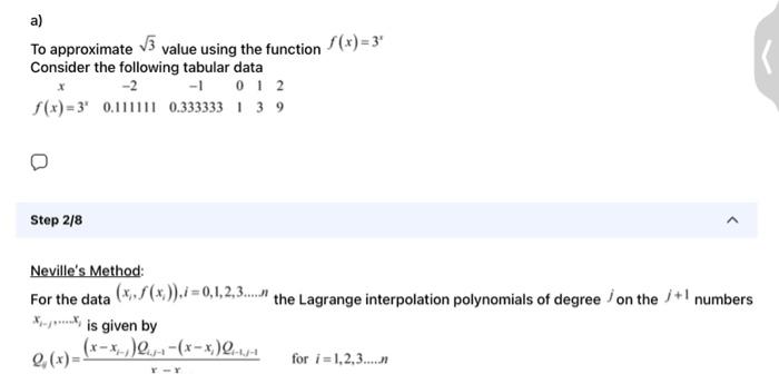 Solved Use Neville's method to approximate /3 with the | Chegg.com