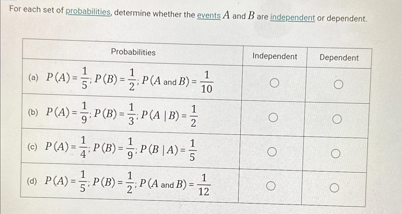 Solved For each set of probabilities, determine whether the | Chegg.com