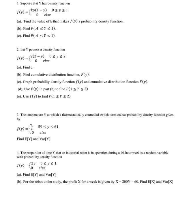 Solved 1. Suppose that Y has density function | Chegg.com