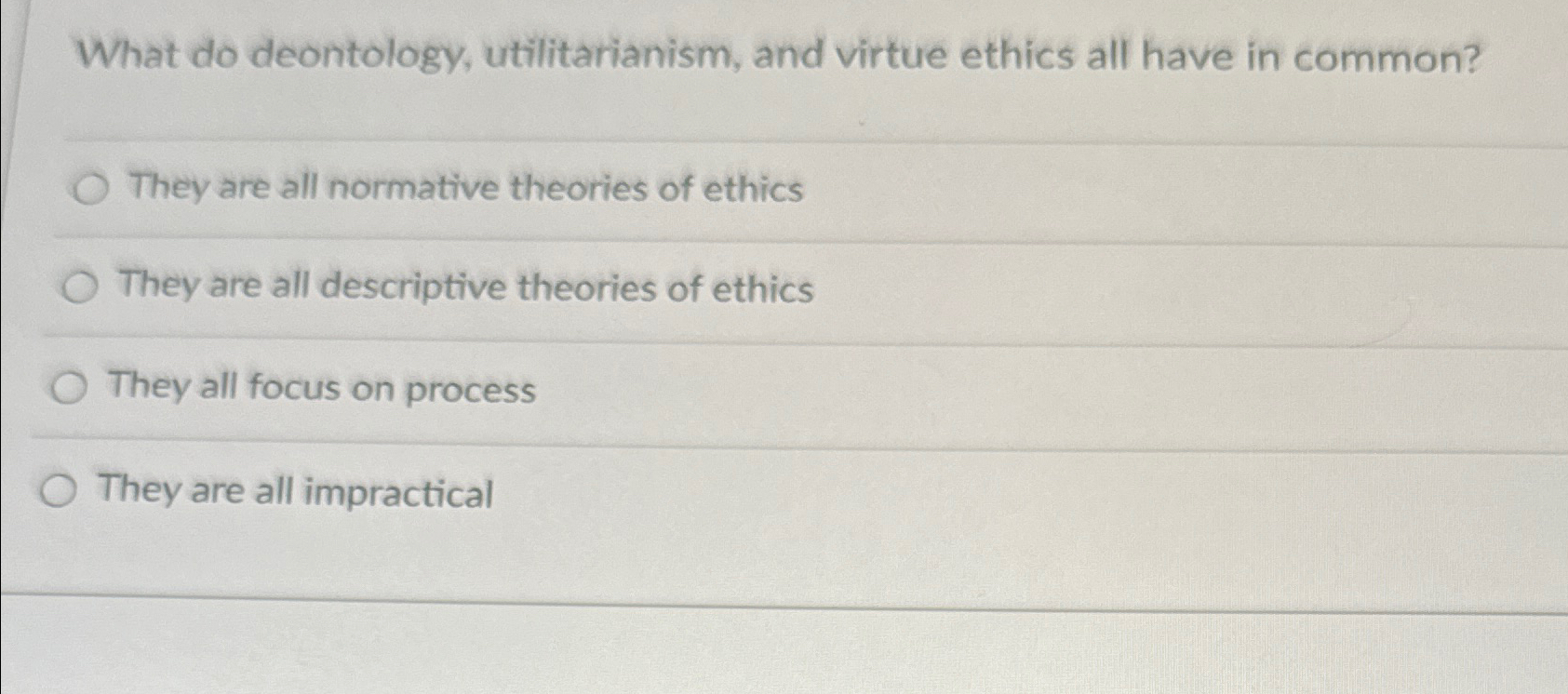 Solved What do deontology, utilitarianism, and virtue ethics | Chegg.com