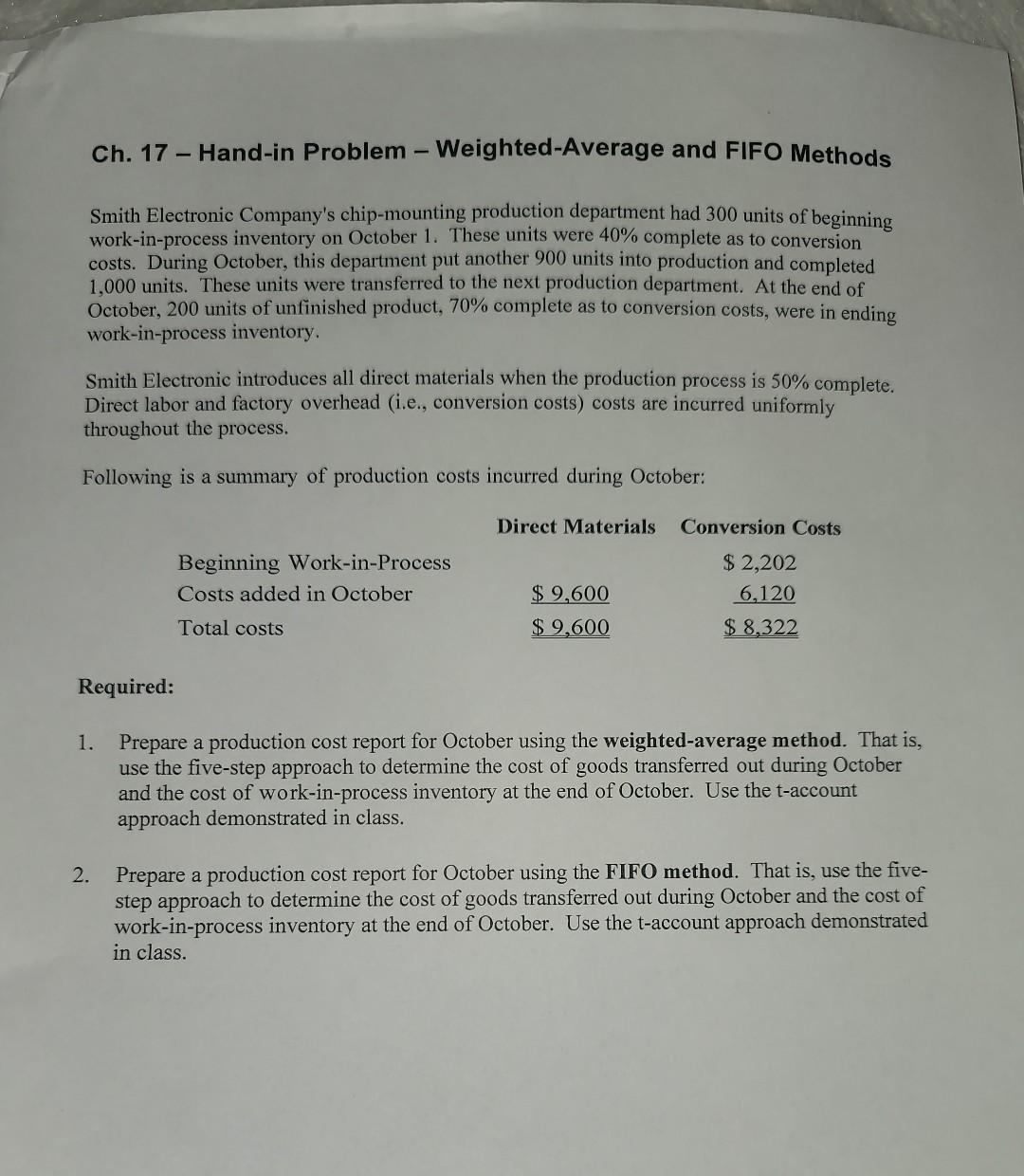 Solved Ch. 17 - Hand-in Problem - Weighted-Average and FIFO | Chegg.com