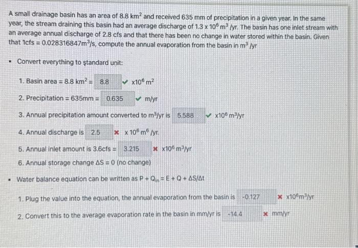 Solved A small drainage basin has an area of 8.8 km2 and | Chegg.com