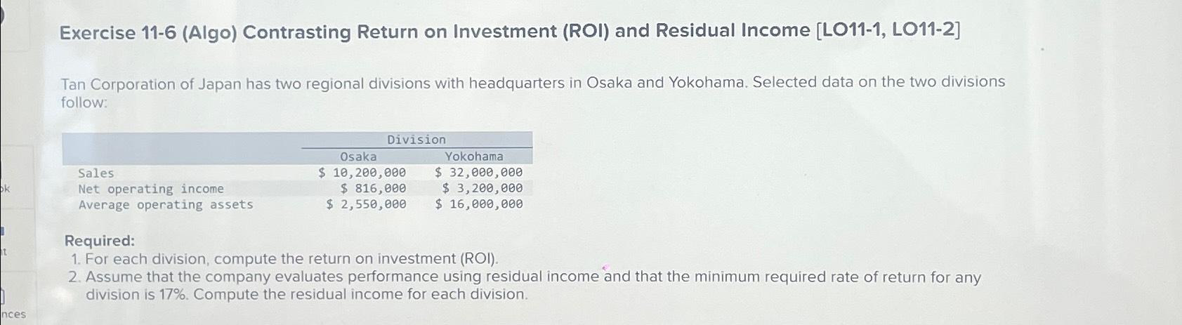 Solved Exercise 11-6 (Algo) ﻿Contrasting Return on | Chegg.com