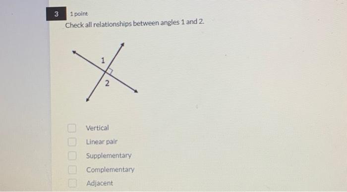 Solved Check all relationships between angles 1 and 2 . | Chegg.com